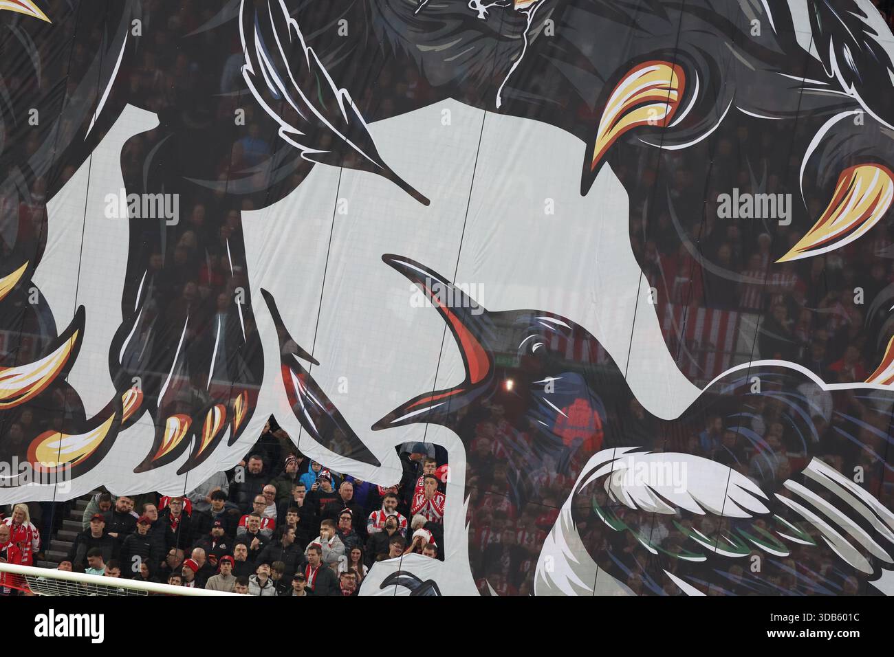Sunderland, UK. 14th Dec, 2025. Banner showing a black cat pouncing on ...