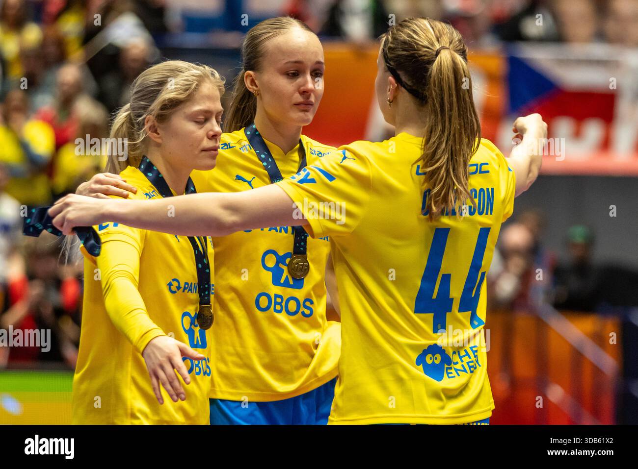 L-R Maja Vistrom, Cajsa Alm, Lisa Carlsson (all SWE) react after her ...
