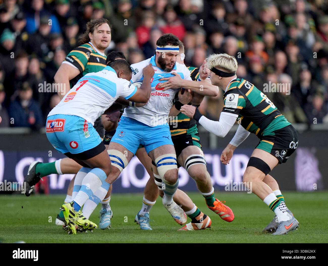 Vodacom Bulls' Marcell Coetzee is tackled by Northampton Saints' Henry ...
