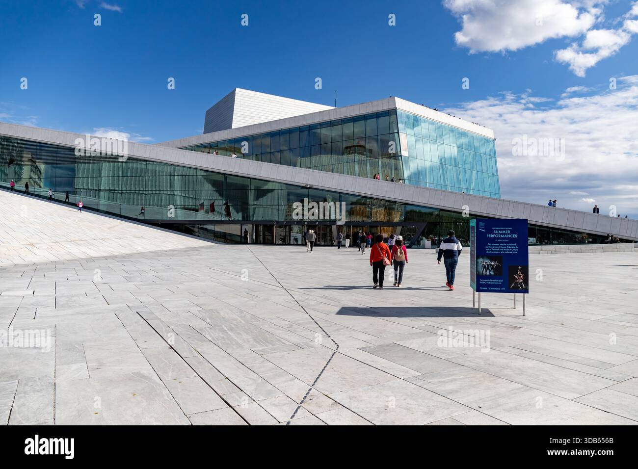 Oslo, Norway-August 11, 2025: Tourists walk toward the glass-fronted ...
