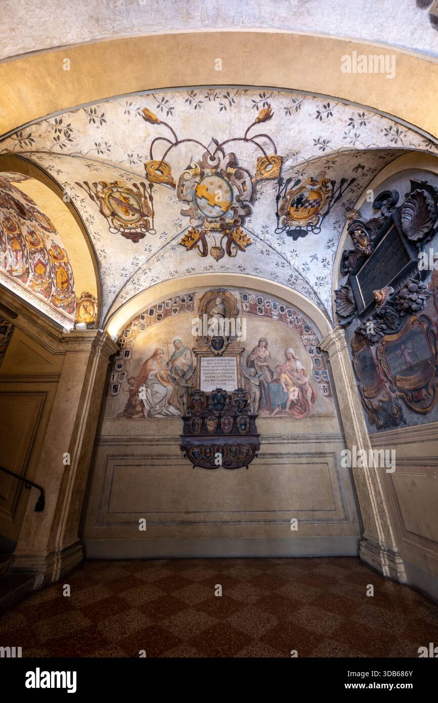 Bologna, Italy - Jul 23, 2025: Baroque frescoed vault and commemorative ...