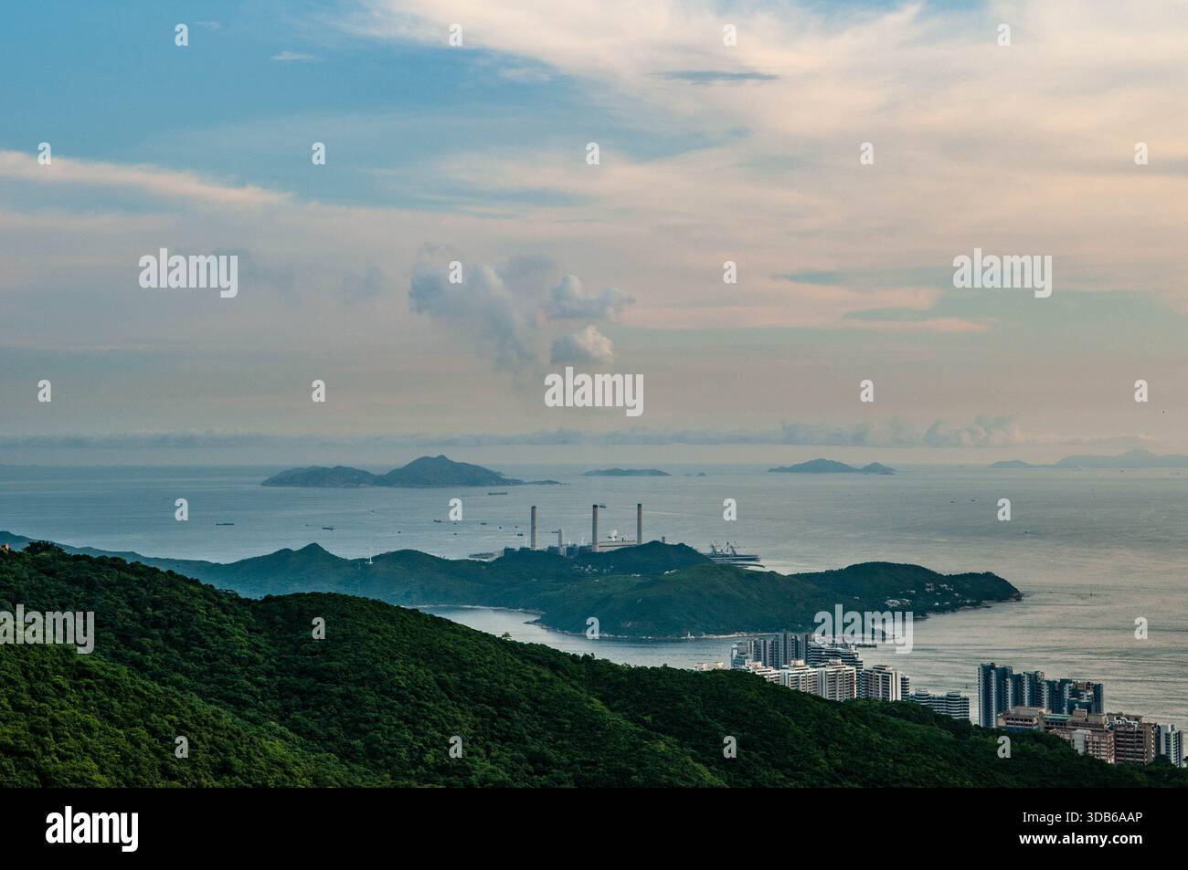 Lamma Power Station at sunset. A thermal power station and solar farm ...