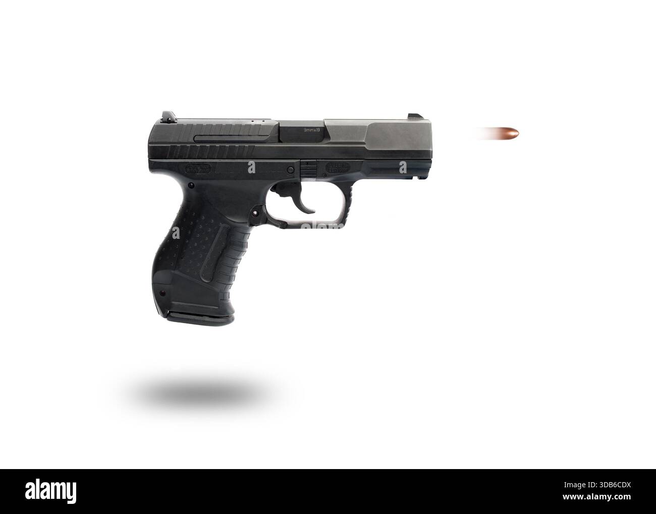 gun on white background with bullet moving out of the canyon Stock ...