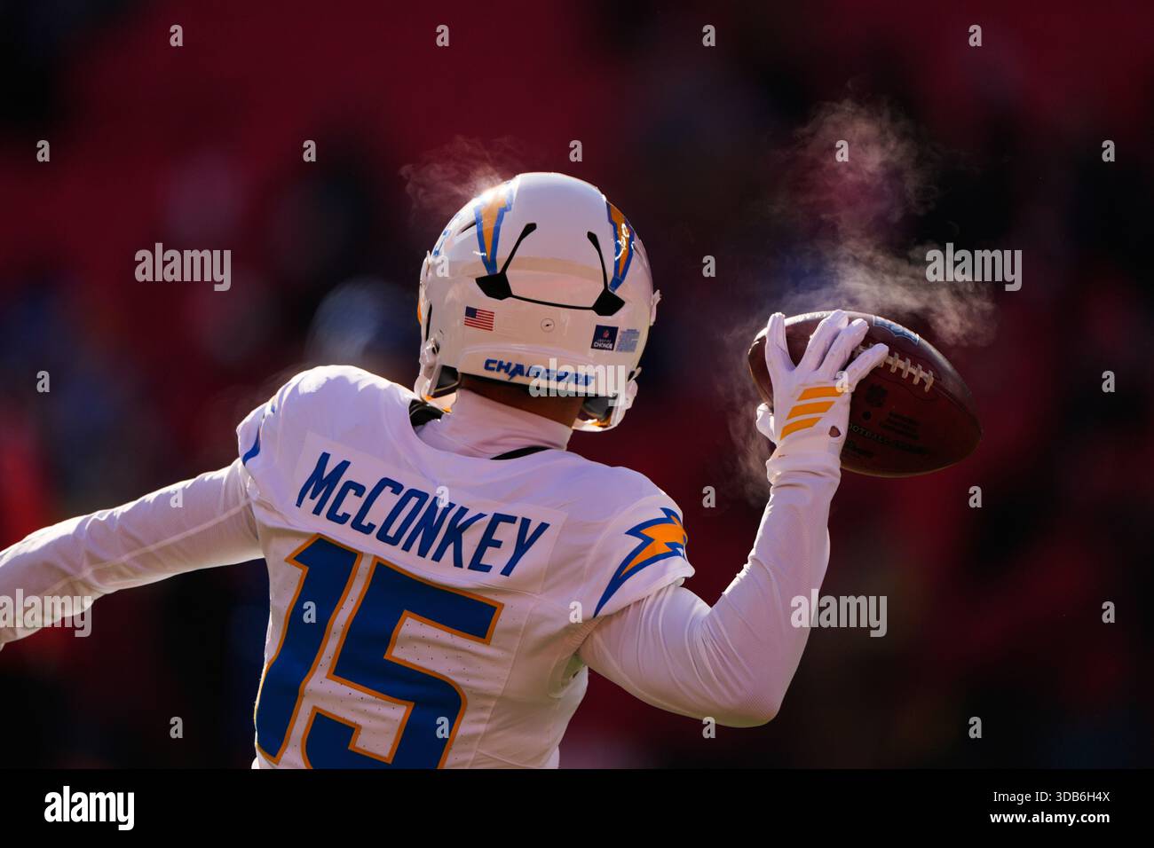 Los Angeles Chargers wide receiver Ladd McConkey warms up before an NFL ...