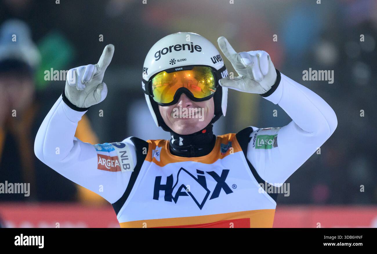 Slovenia's Domen Prevc from Slovenia celebrates after winning the Men's ...