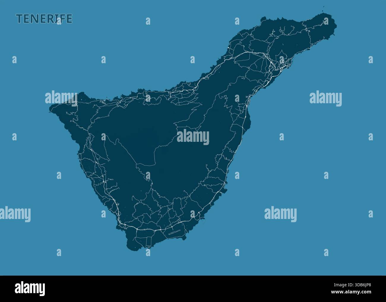 Map of Tenerife Island is displayed in a dark teal color against a ...