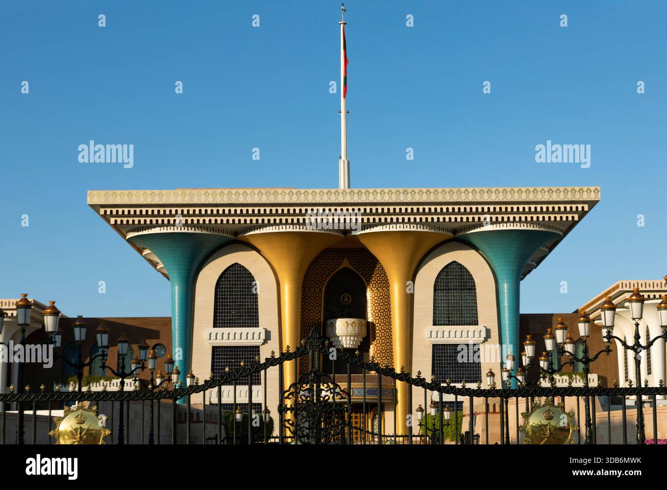 Traditional Omani architecture featuring colorful columns and arches ...