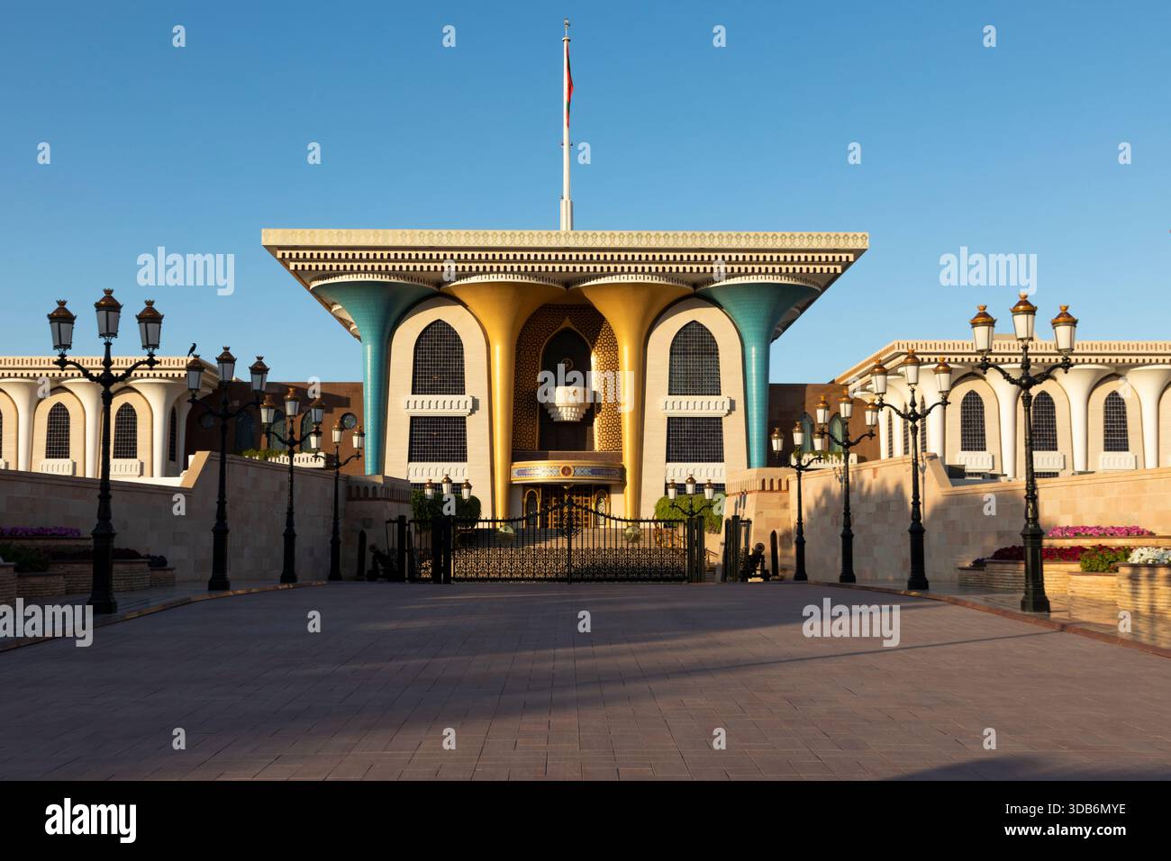 Traditional Omani architecture featuring colorful columns and arches ...
