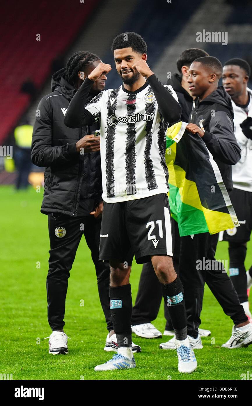St Mirren's Miguel Freckleton gestures after the final whistle of the ...
