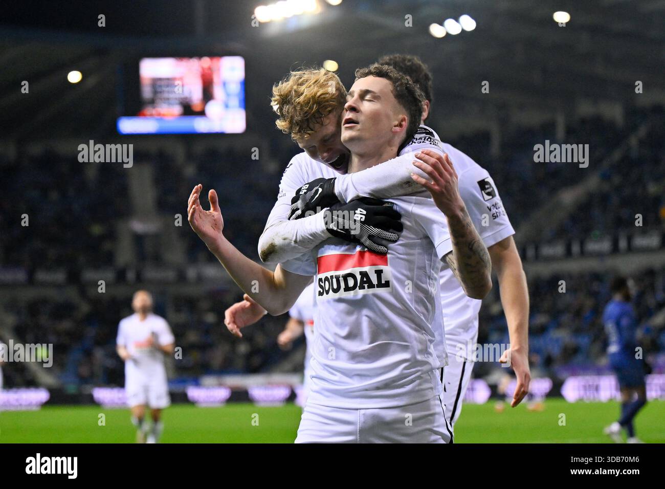 Westerlo's Griffin Yow celebrates after scoring during a soccer match ...