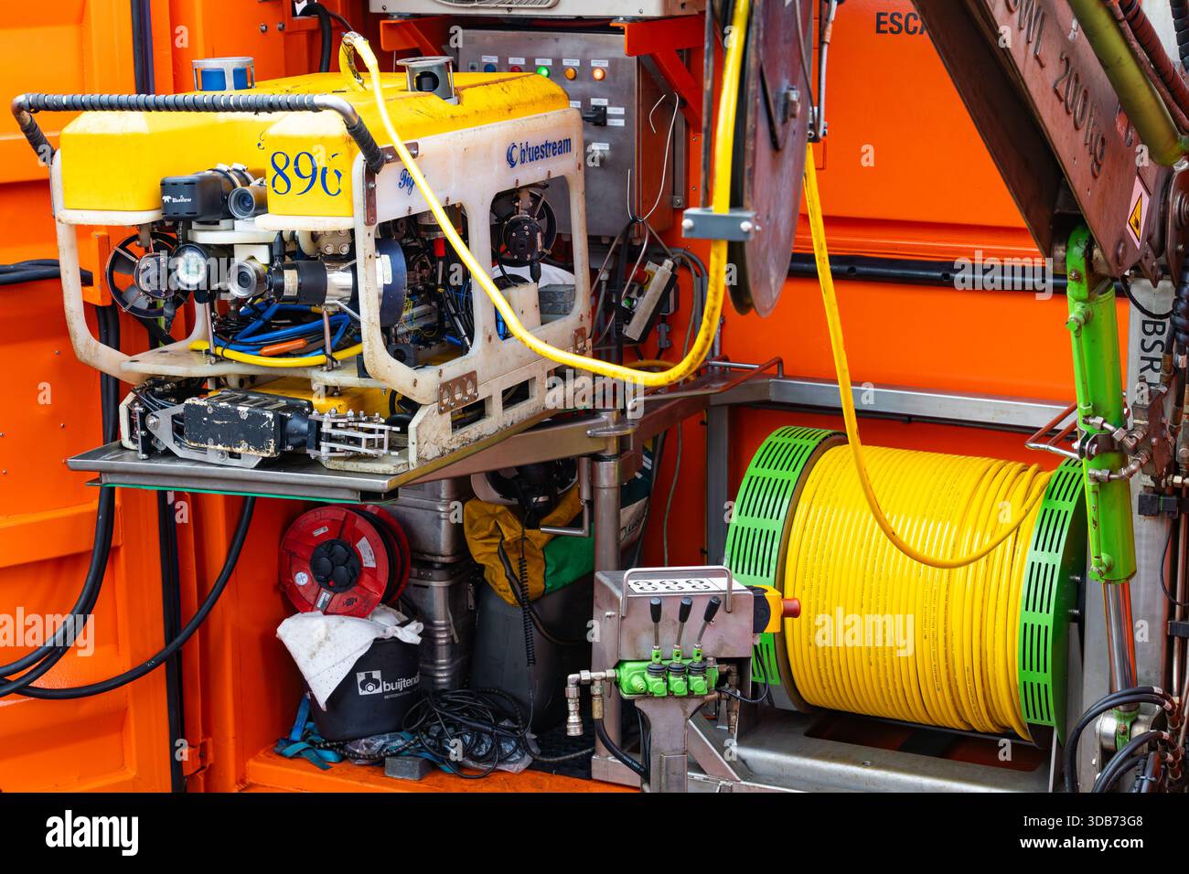 Subsea remotely operated vehicle with cameras, lights, and control ...