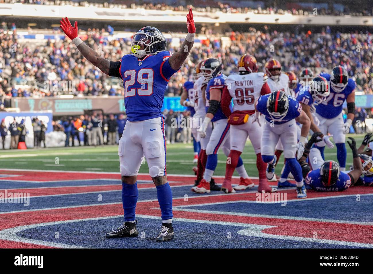New York Giants running back Tyrone Tracy Jr. (29) reacts after scoring ...
