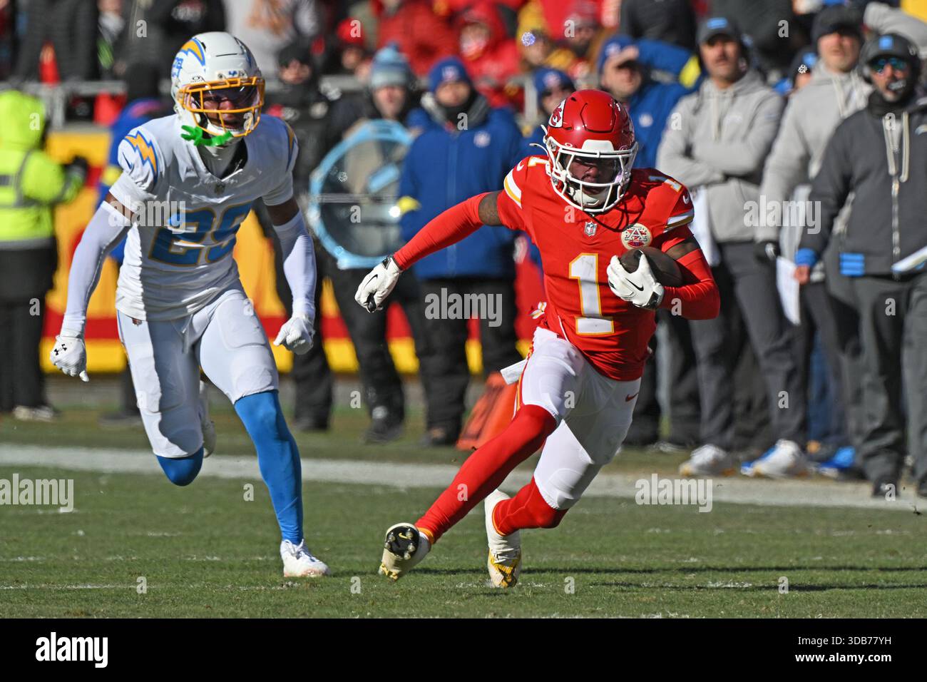 Kansas City Chiefs wide receiver Xavier Worthy (1) runs up field past ...