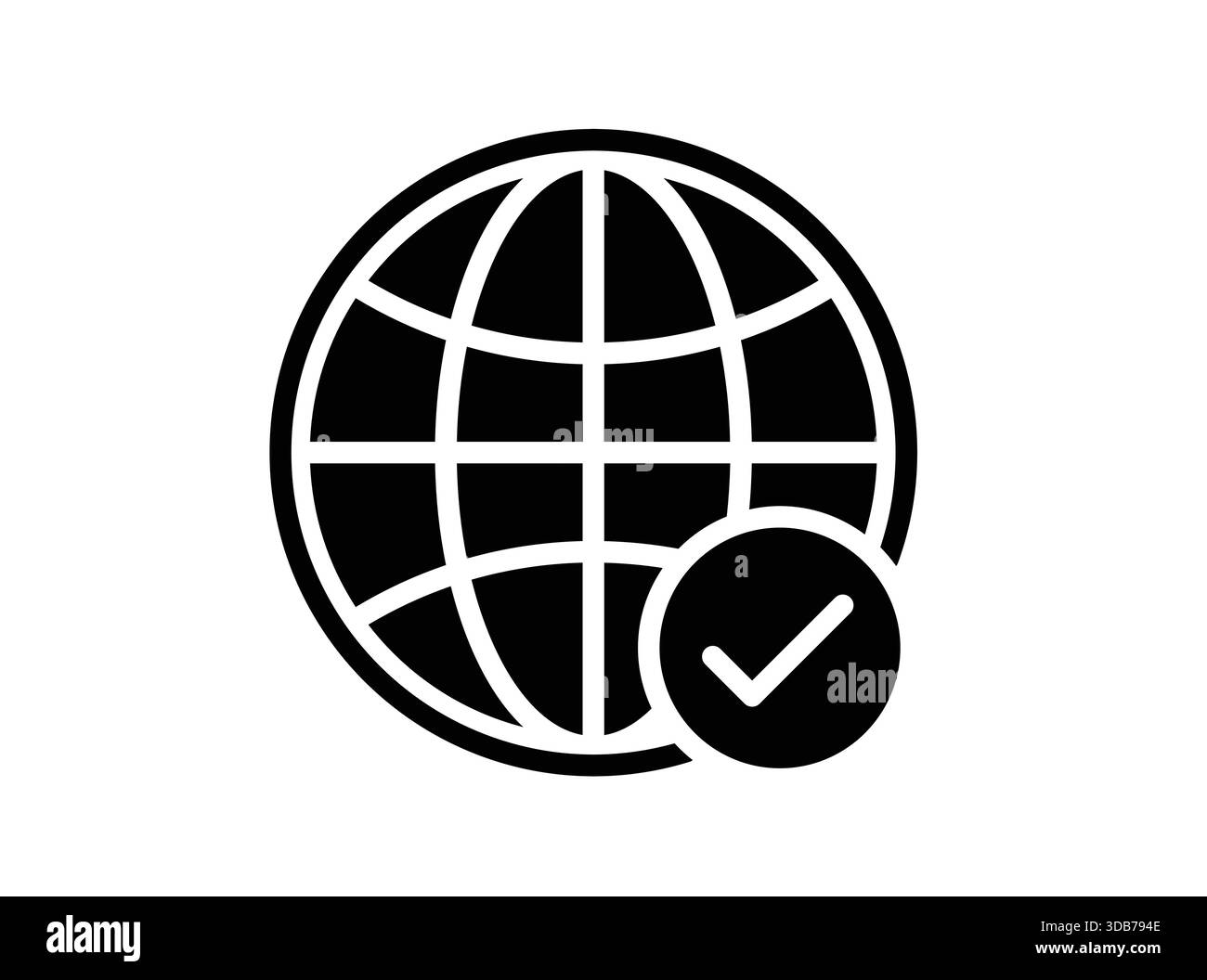 This illustration features a globe icon with a checkmark, representing ...
