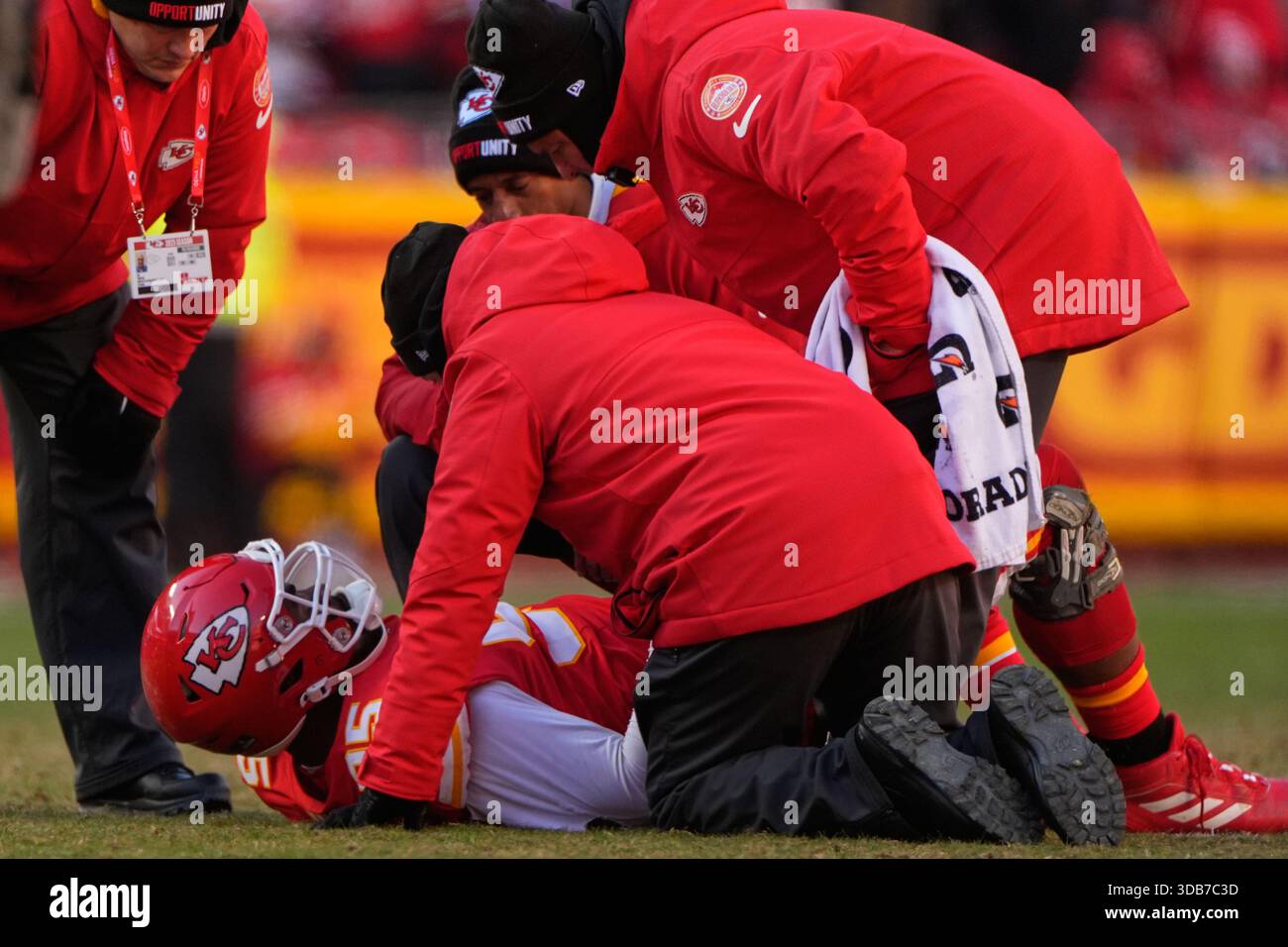 Kansas City Chiefs defensive tackle Chris Jones is tended to after ...