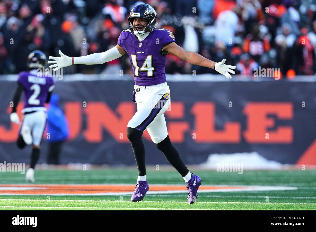Baltimore Ravens safety Kyle Hamilton (14) reacts after an interception by linebacker Kyle van ...