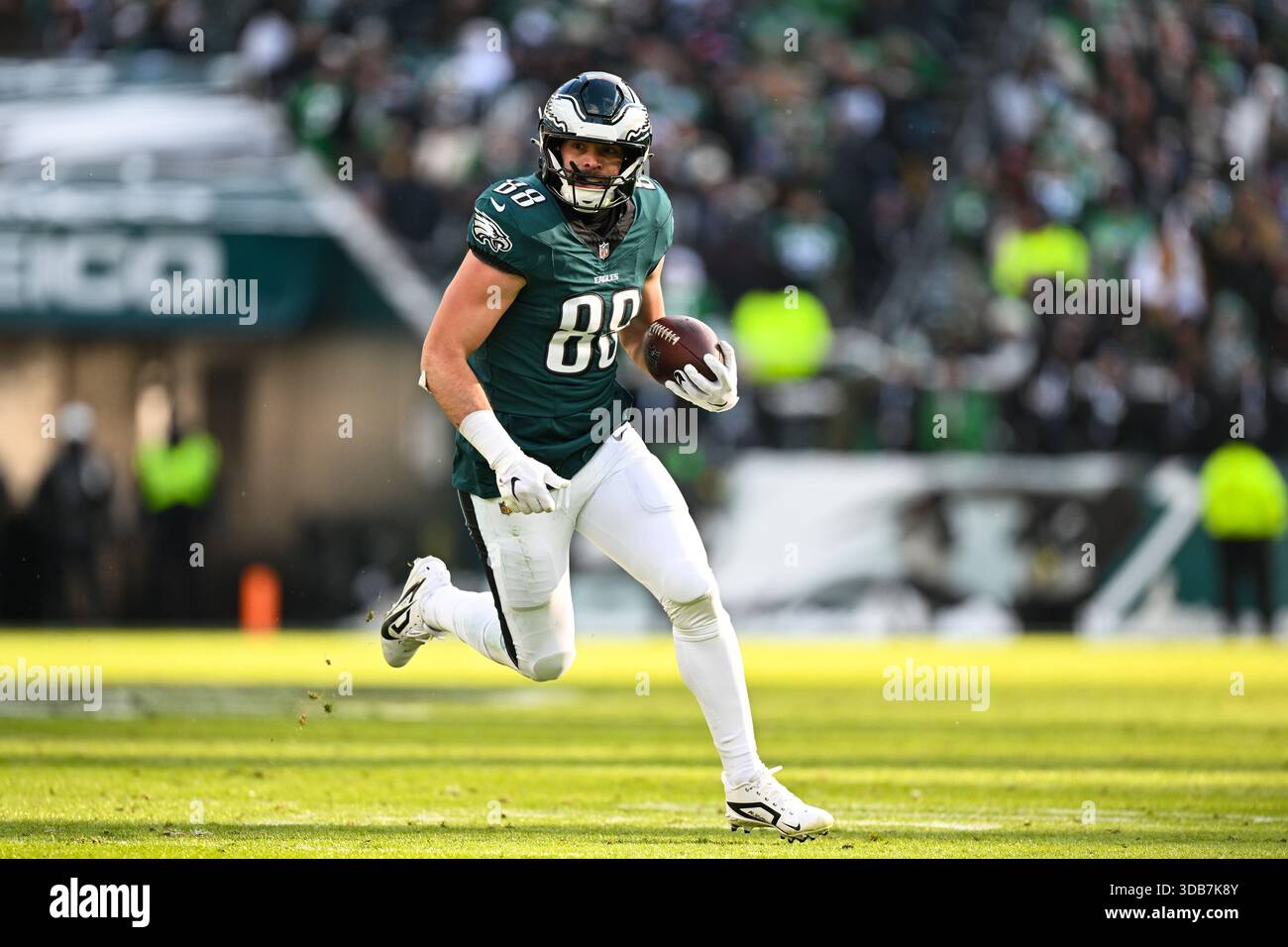 Philadelphia Eagles tight end Dallas Goedert (88) runs with the ball after catching a pass ...