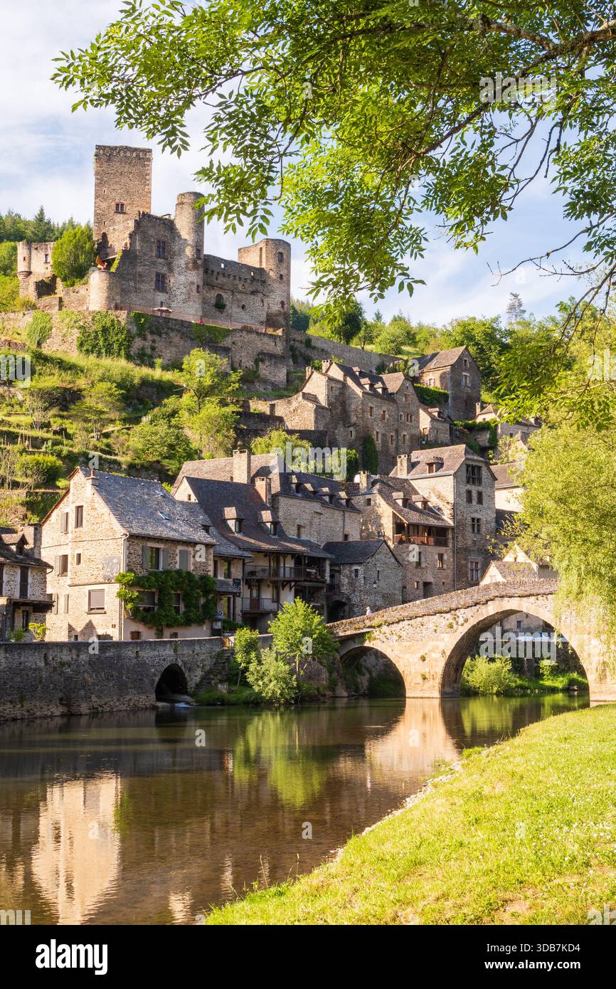 Belcastel village, castle and medieval bridge over Aveyron river, one ...