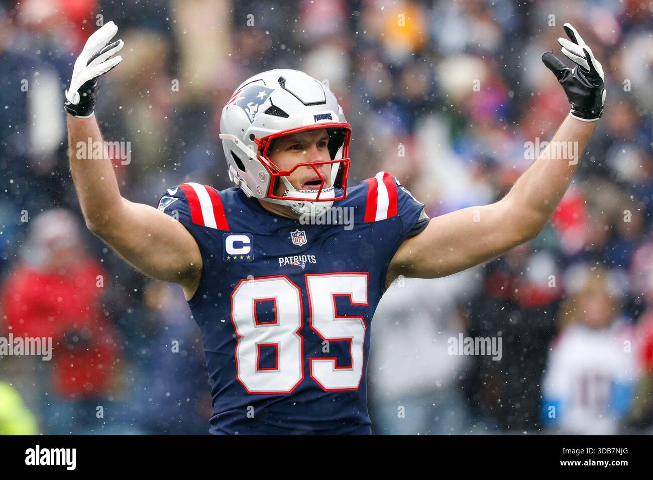 New England Patriots tight end Hunter Henry (85) reacts after a ...