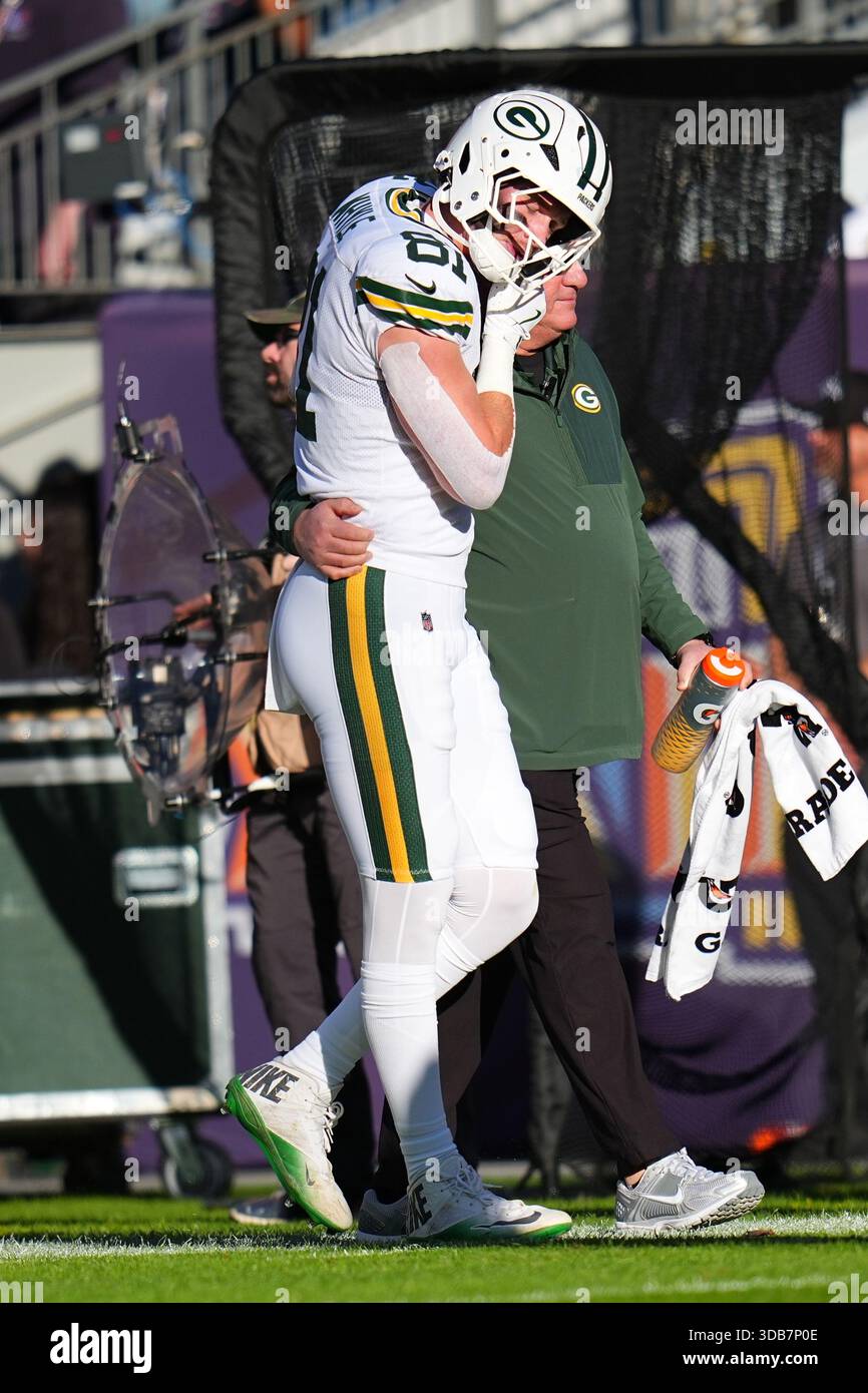 Green Bay Packers' Josh Whyle leaves the field with an injury during ...