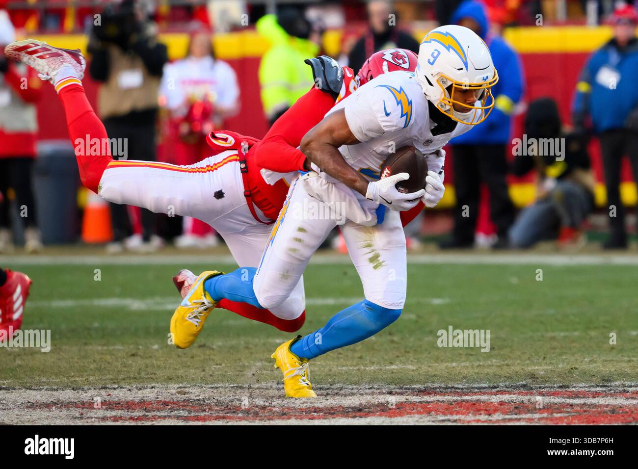 Los Angeles Chargers wide receiver Tre' Harris (9) is tackled after a ...