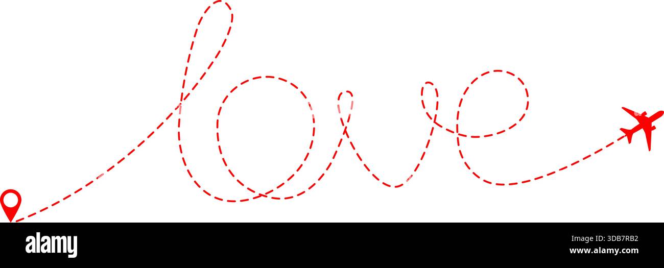 Route plane with dotted line of word love. romantic valentines day trip ...