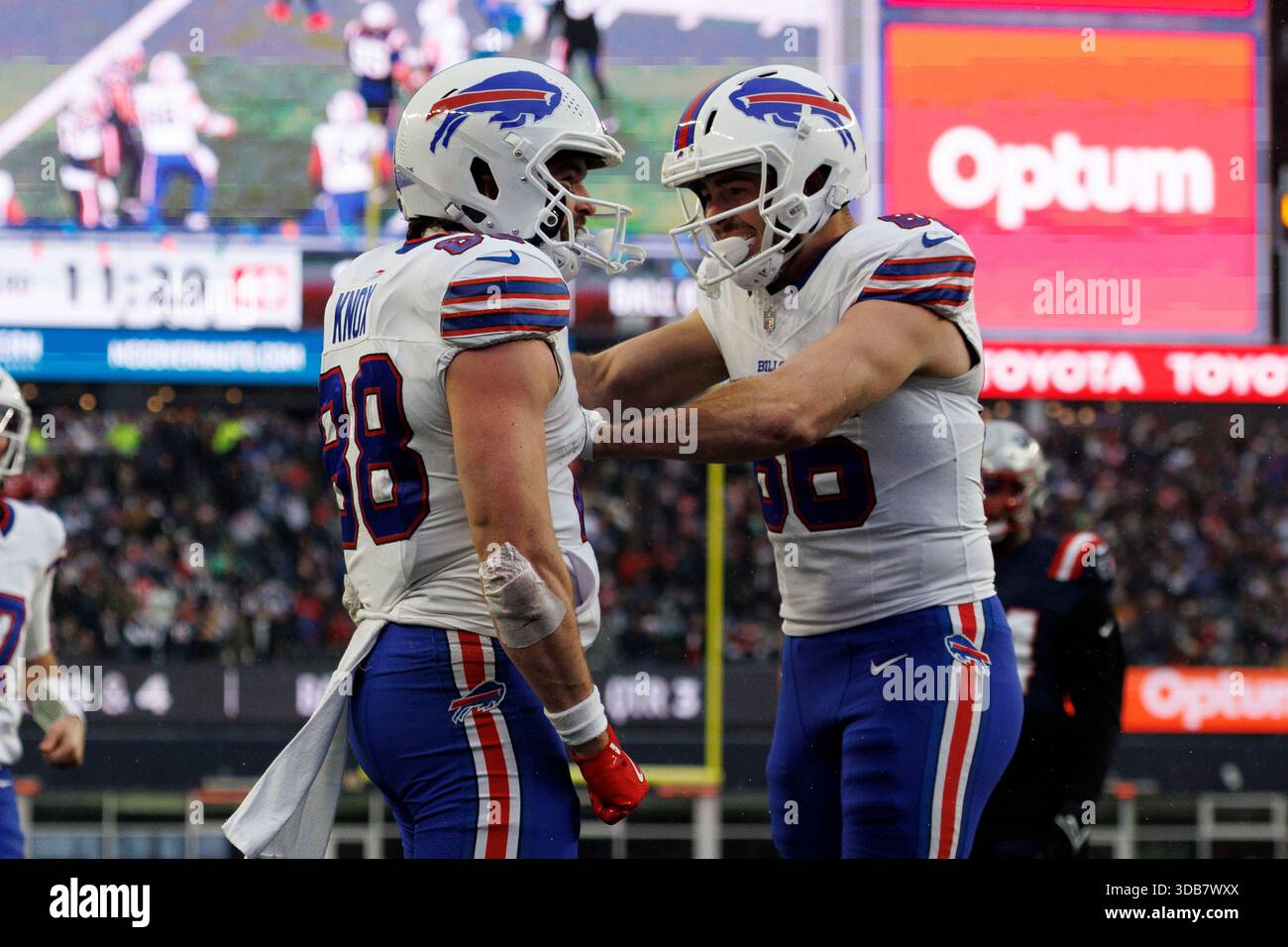 Buffalo Bills tight end Dawson Knox (88) is greeted by Buffalo Bills ...
