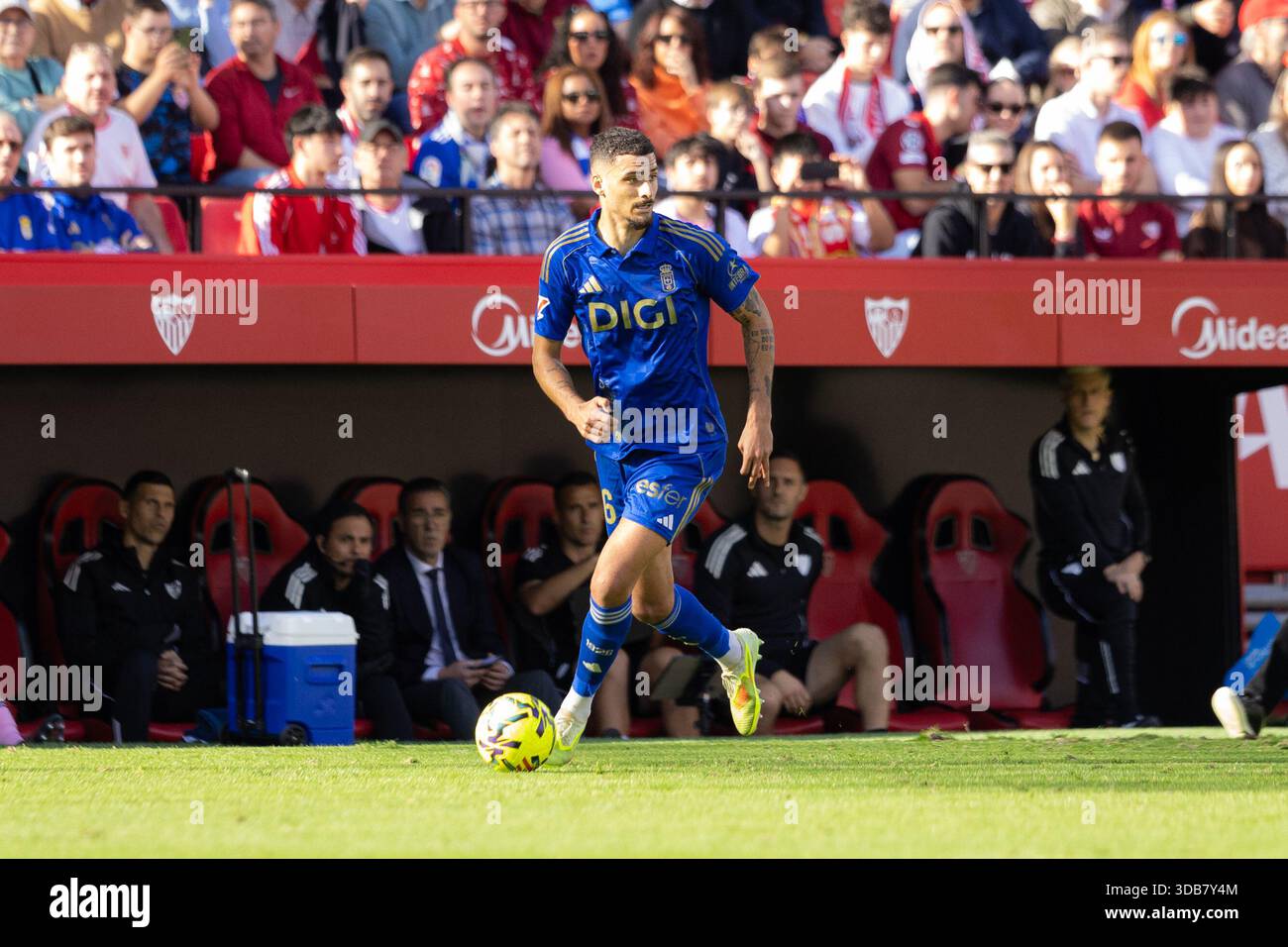 SEVILLE, SPAIN - DECEMBER 14: David Carmo of Real Oviedo runs with the ...