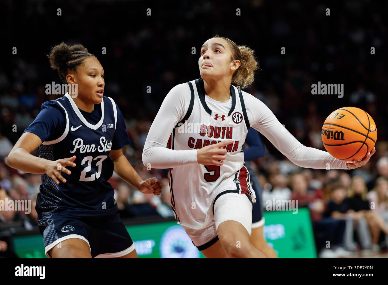 South Carolina guard Tessa Johnson, right, drives to the basket against ...