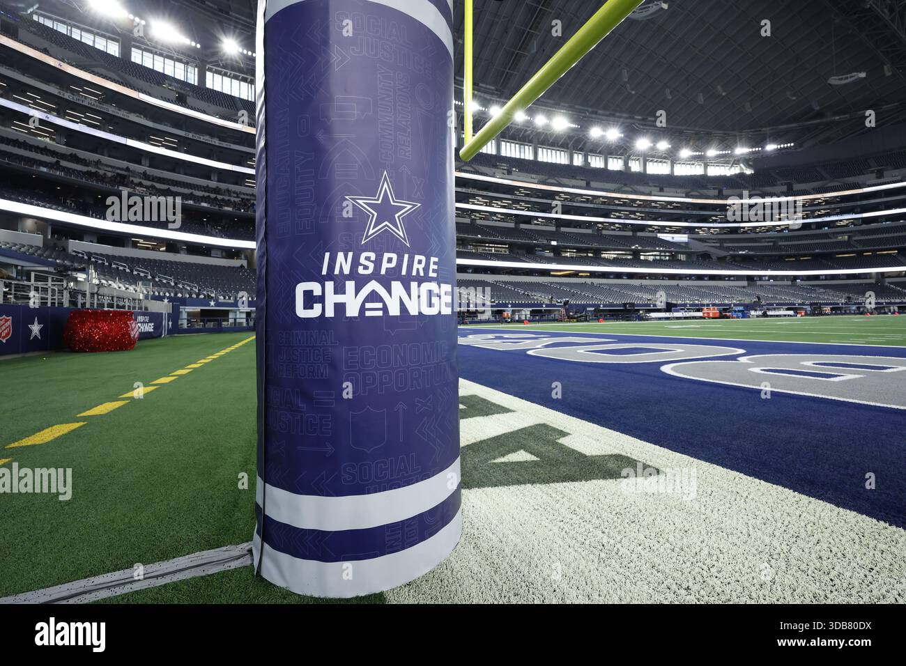The NFL's "Inspire Change" seen on a goal post wrap at AT&T Stadium ...