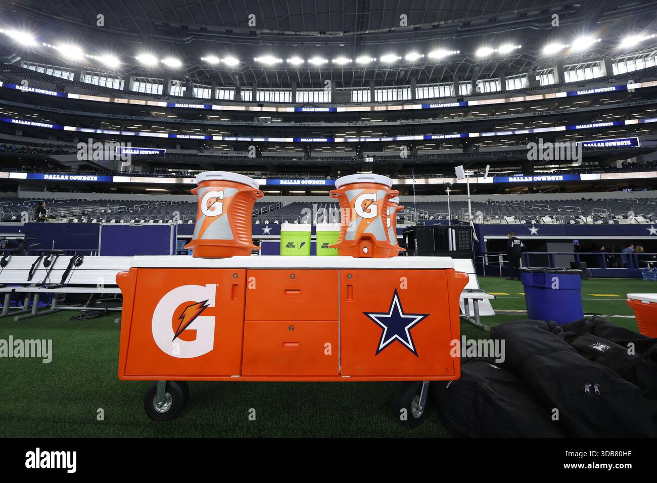 Gatorade bottles and coolers are seen on the sideline before a NFL ...