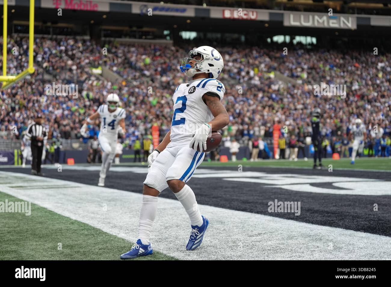 Indianapolis Colts wide receiver Josh Downs (2) reacts after scoring a ...