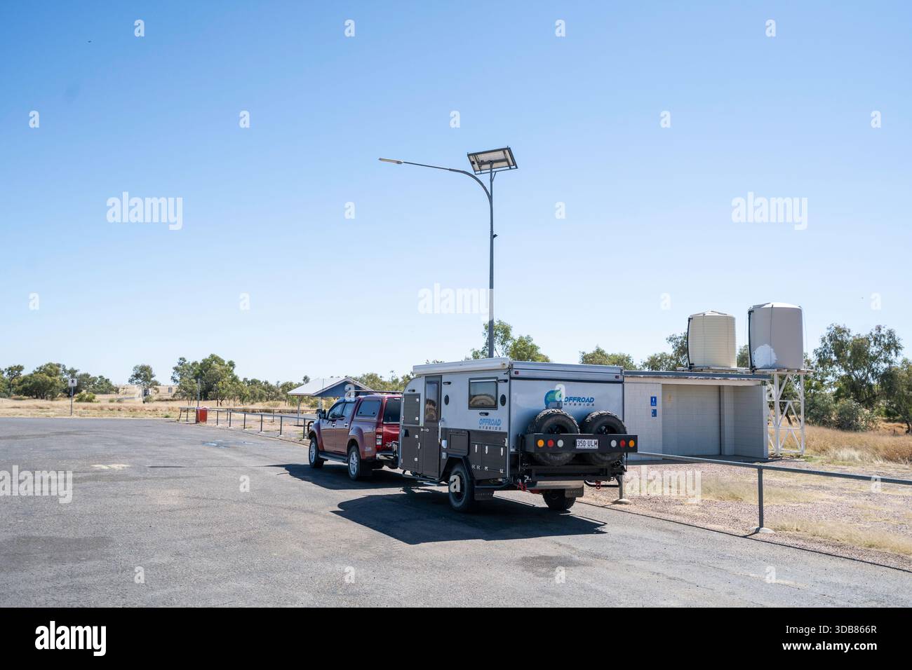 Caravan parked in roadside rest area on isolated outback road near ...