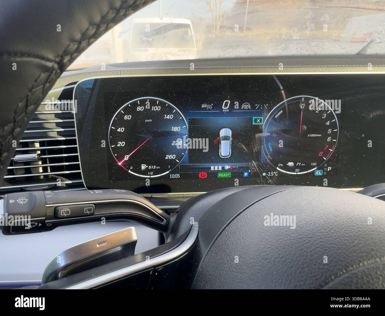 Modern car dashboard showing digital speedometer, tachometer, and ...