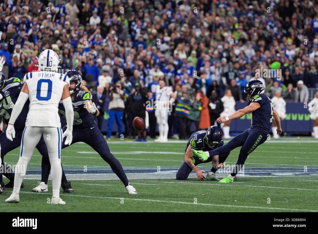 Seattle Seahawks place-kicker Jason Myers (5) kicks the game-winning ...