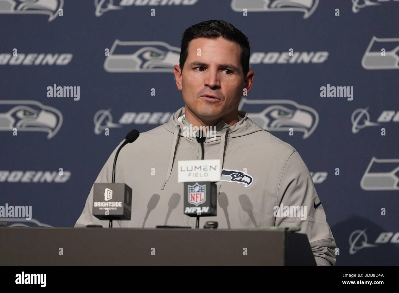 Seattle Seahawks head coach Mike Macdonald speaks during a news ...