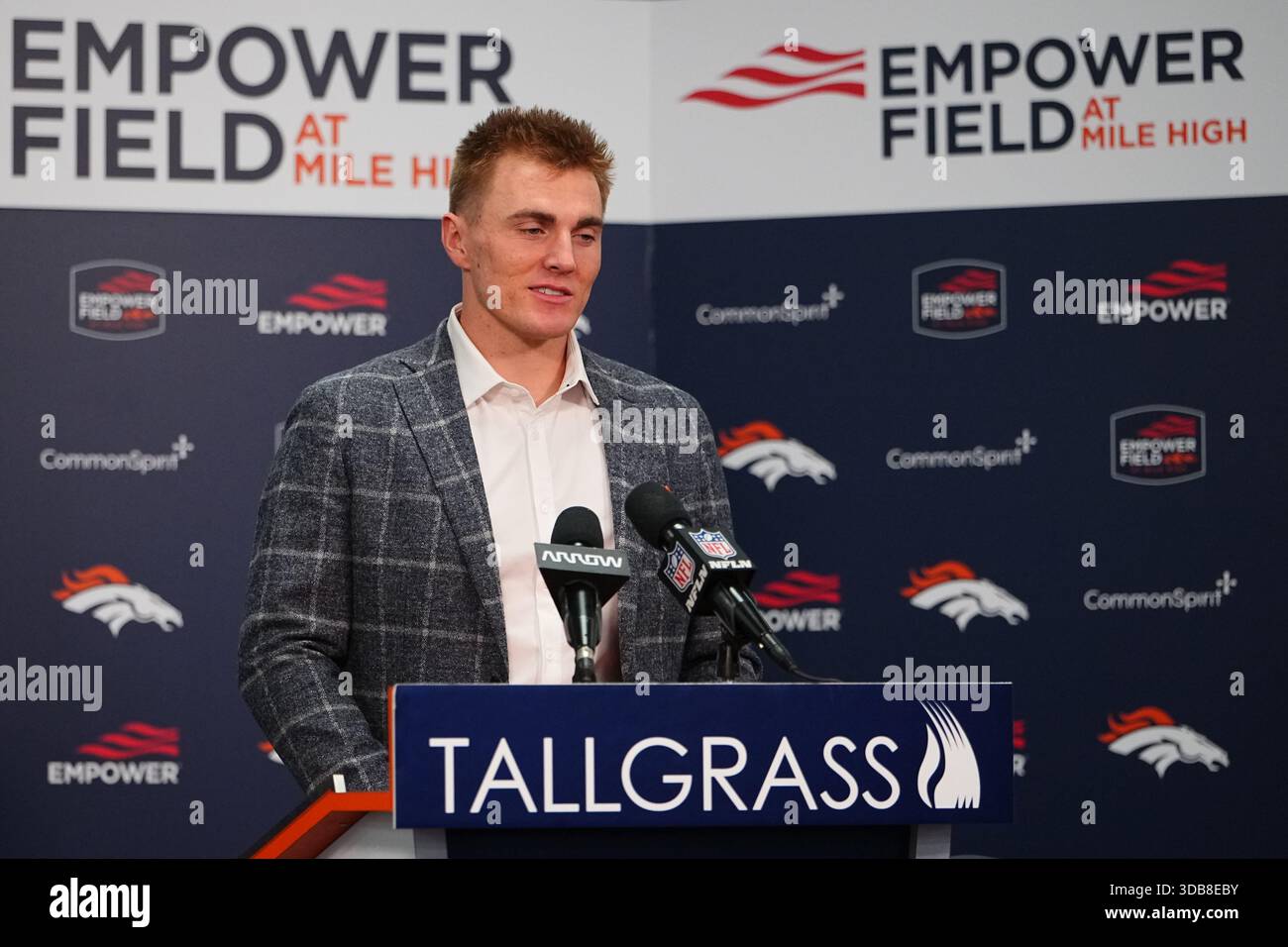 Denver Broncos' Bo Nix answers a question after an NFL football game ...