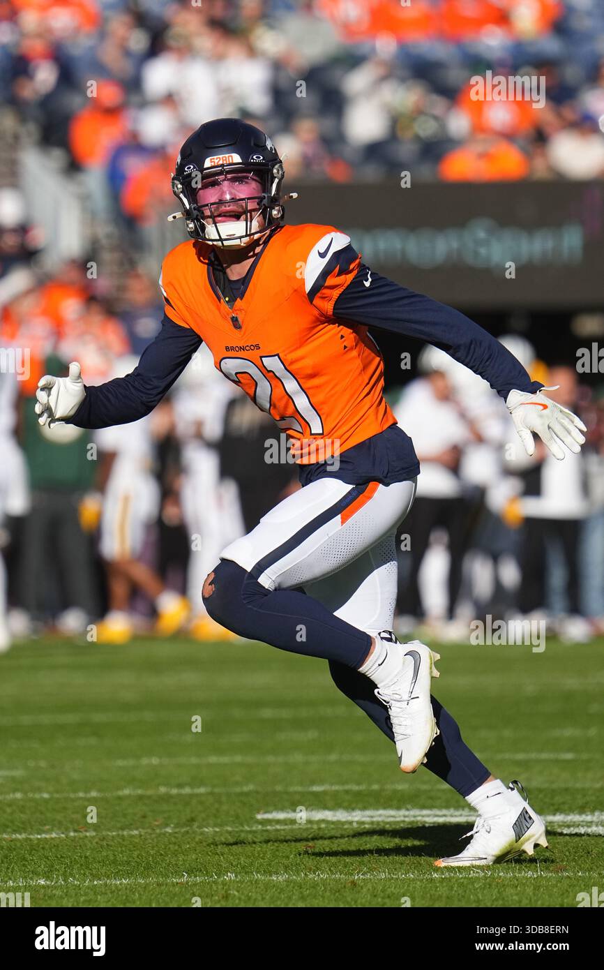 Denver Broncos cornerback Riley Moss (21) runs a play prior to the game ...