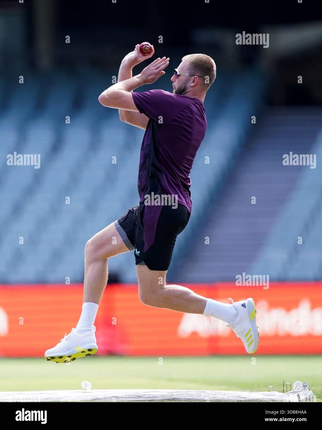 England’s Gus Atkinson bowls during a nets session at the Adelaide Oval ...