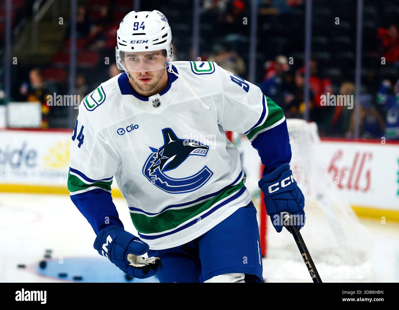 Vancouver Canucks center Linus Karlsson (94) during warm up before an ...