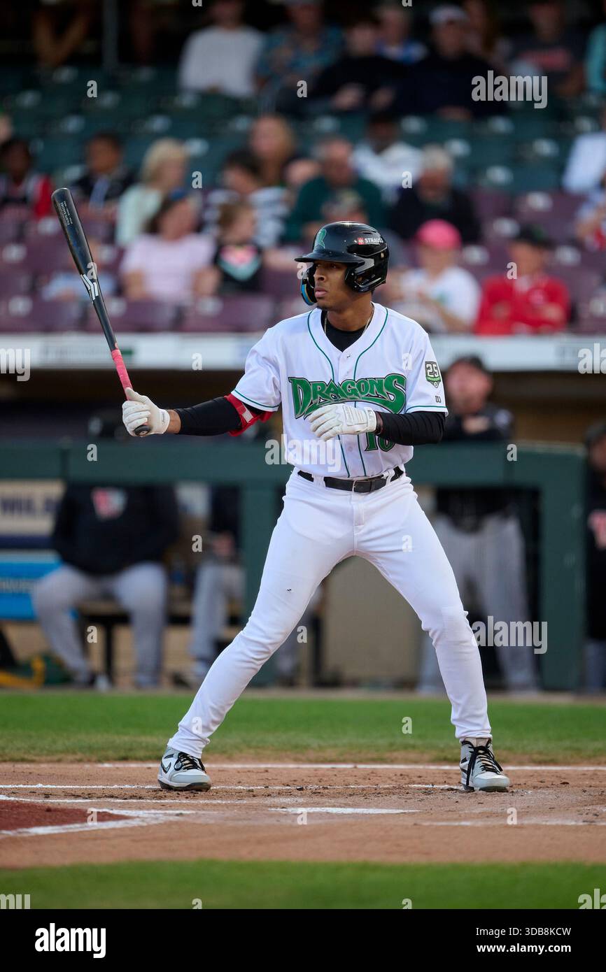 Dayton Dragons Carlos Sanchez (18) bats during an MiLB Midwest League baseball game against the ...