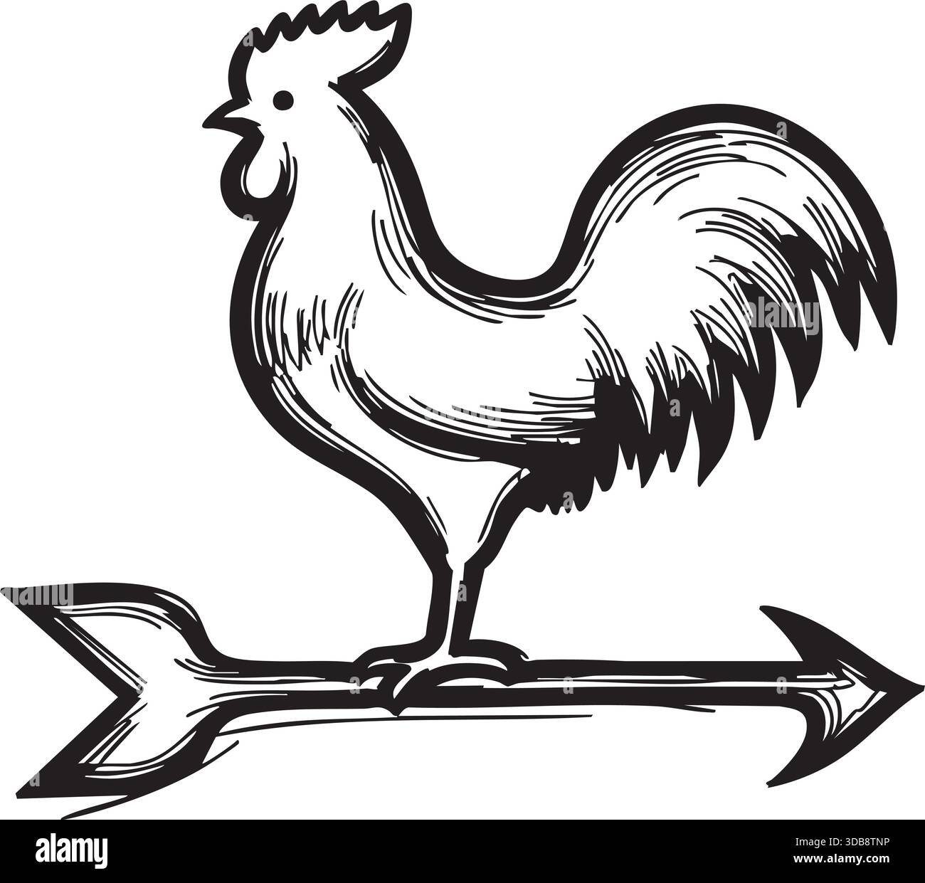 A rustic rooster standing on an arrow used as a weather vane drawn in ...