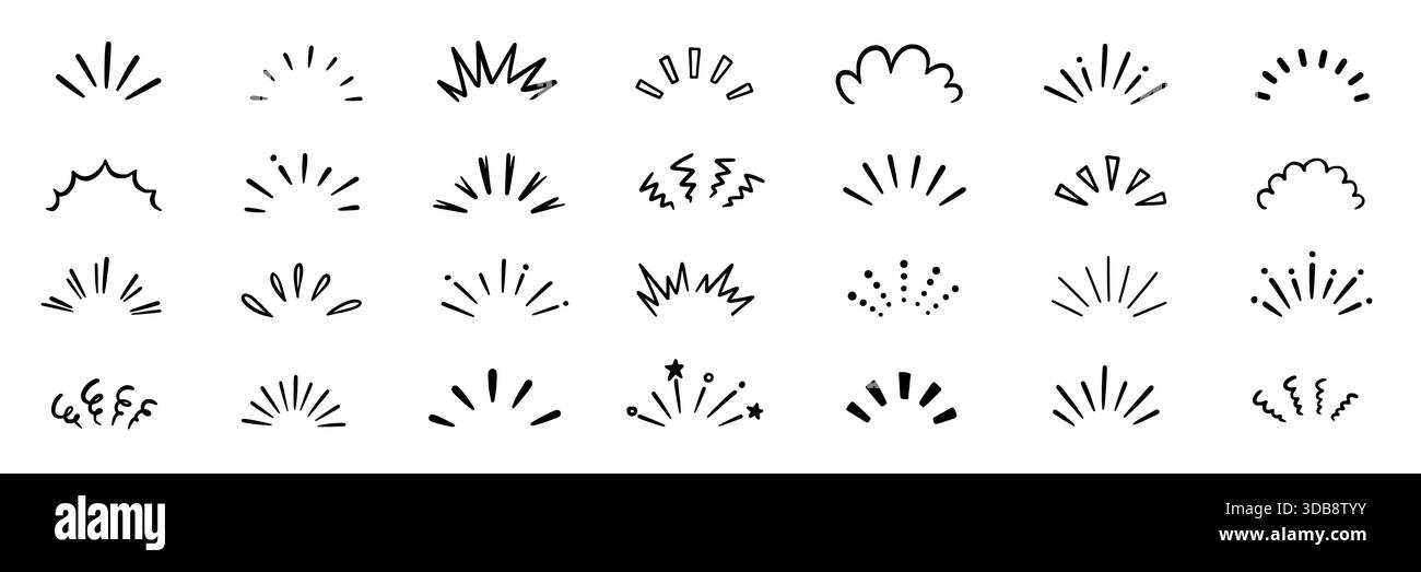 Hand drawn line art bursts with surprise rays and sparkles. Doodle hand ...