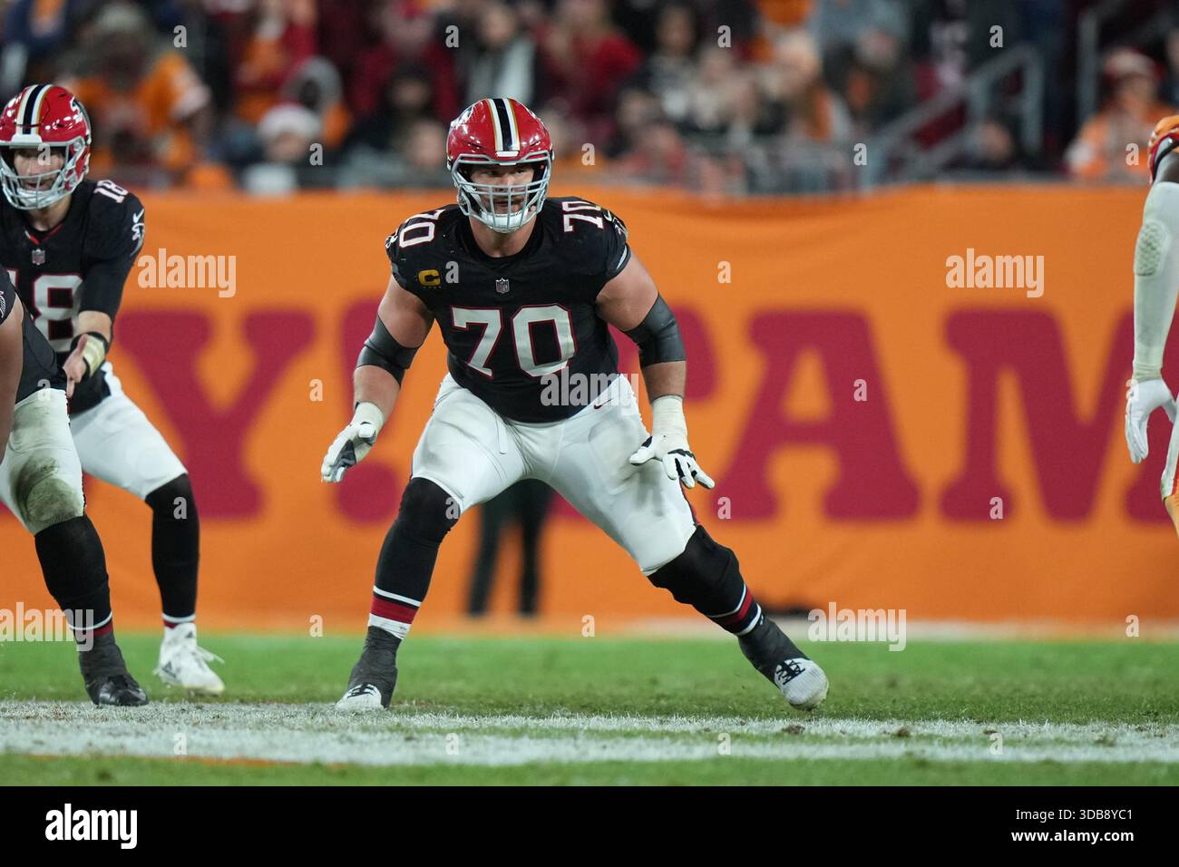 Atlanta Falcons offensive tackle Jake Matthews (70) protects the pocket ...