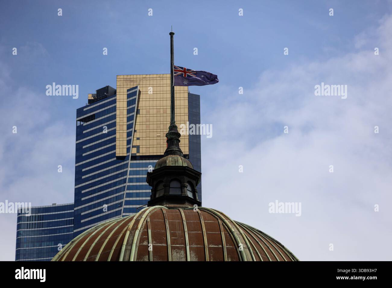 The Australian flag is seen flying at half-mast at Flinders Street ...