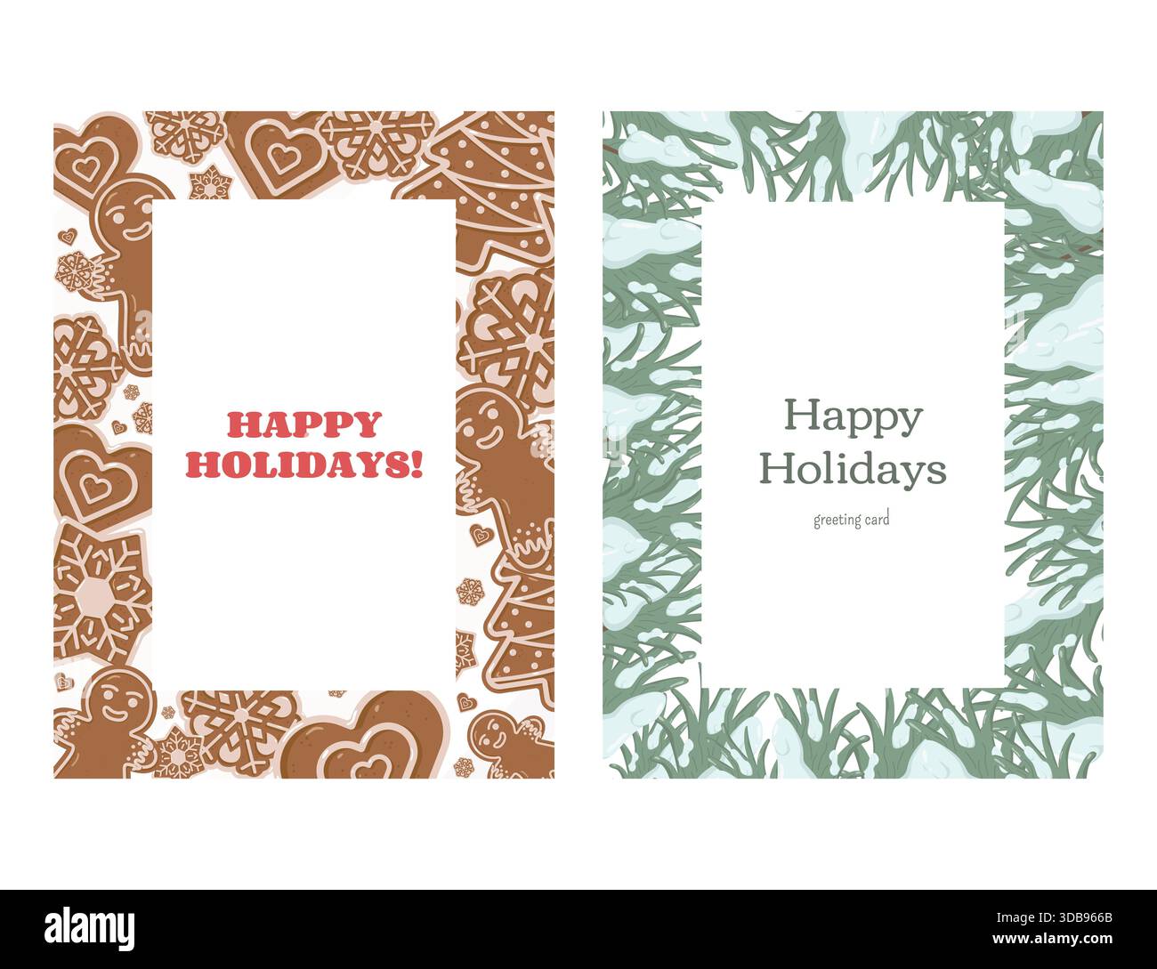 Two holiday greeting cards left gingerbread border with bold red HAPPY ...