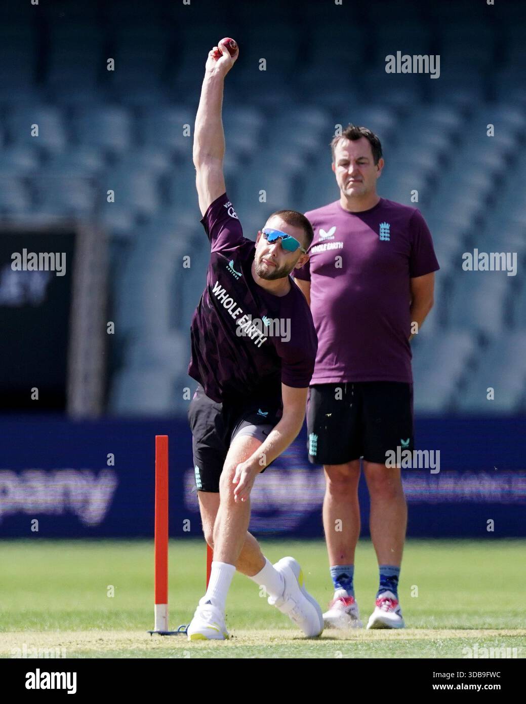 England’s Gus Atkinson bowls during a nets session at the Adelaide Oval ...