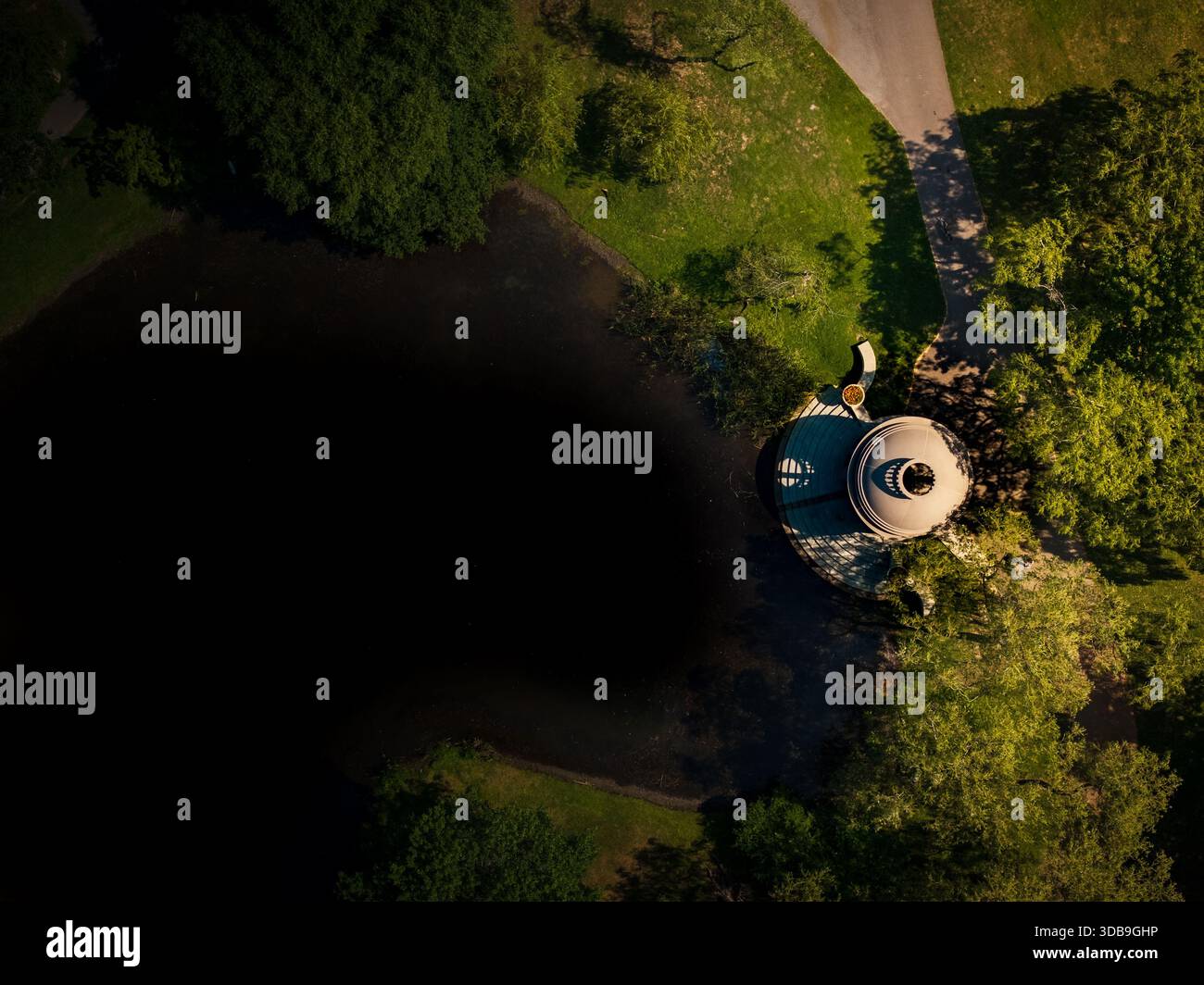 Aerial view of the picturesque Water Tower at Chestnut Hill Reservoir ...