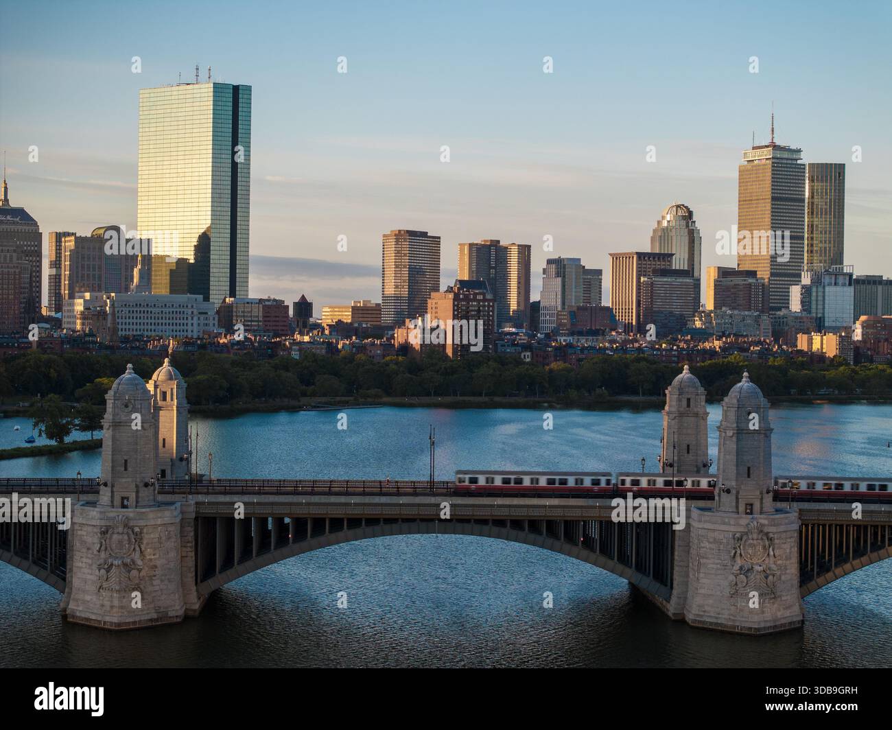 Aerial view of a train crossing the Longfellow Bridge with the iconic ...