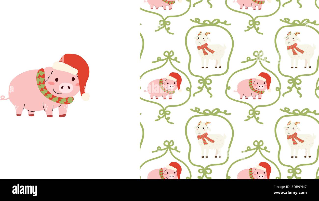 Christmas pig in santa hat print and seamless pattern with coquette ...